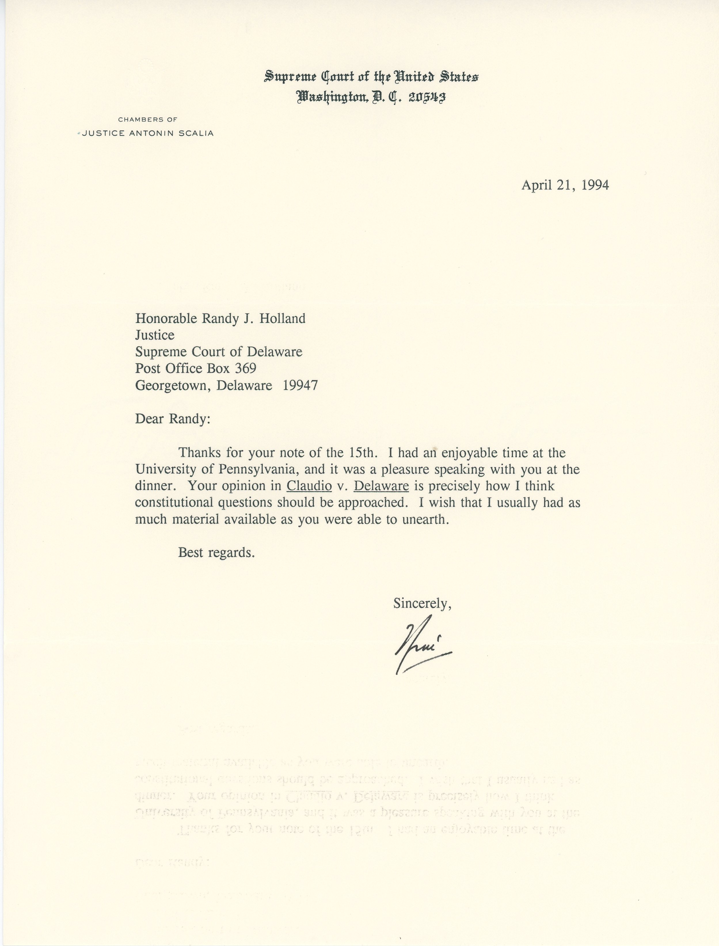 Justice Antonin Scalia letter to Randy J. Holland re Claudio v ...