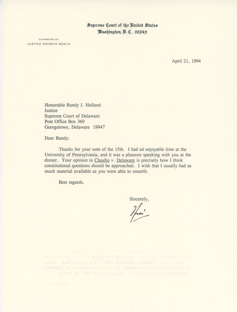 Justice Antonin Scalia letter to Randy J. Holland re Claudio v ...