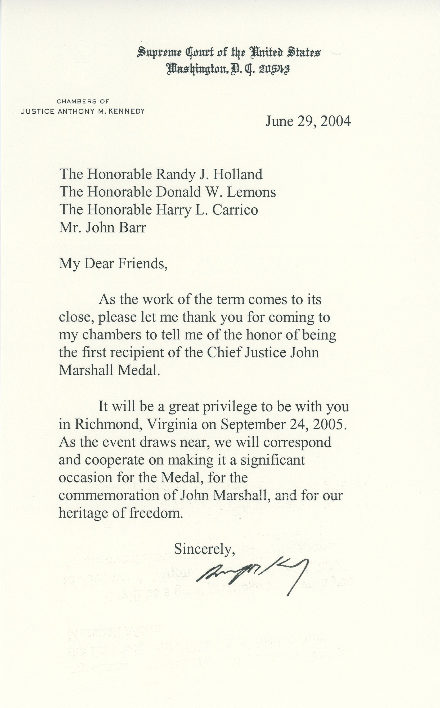 Justice Anthony Kennedy letter to Justice Randy J. Holland: June 29 ...