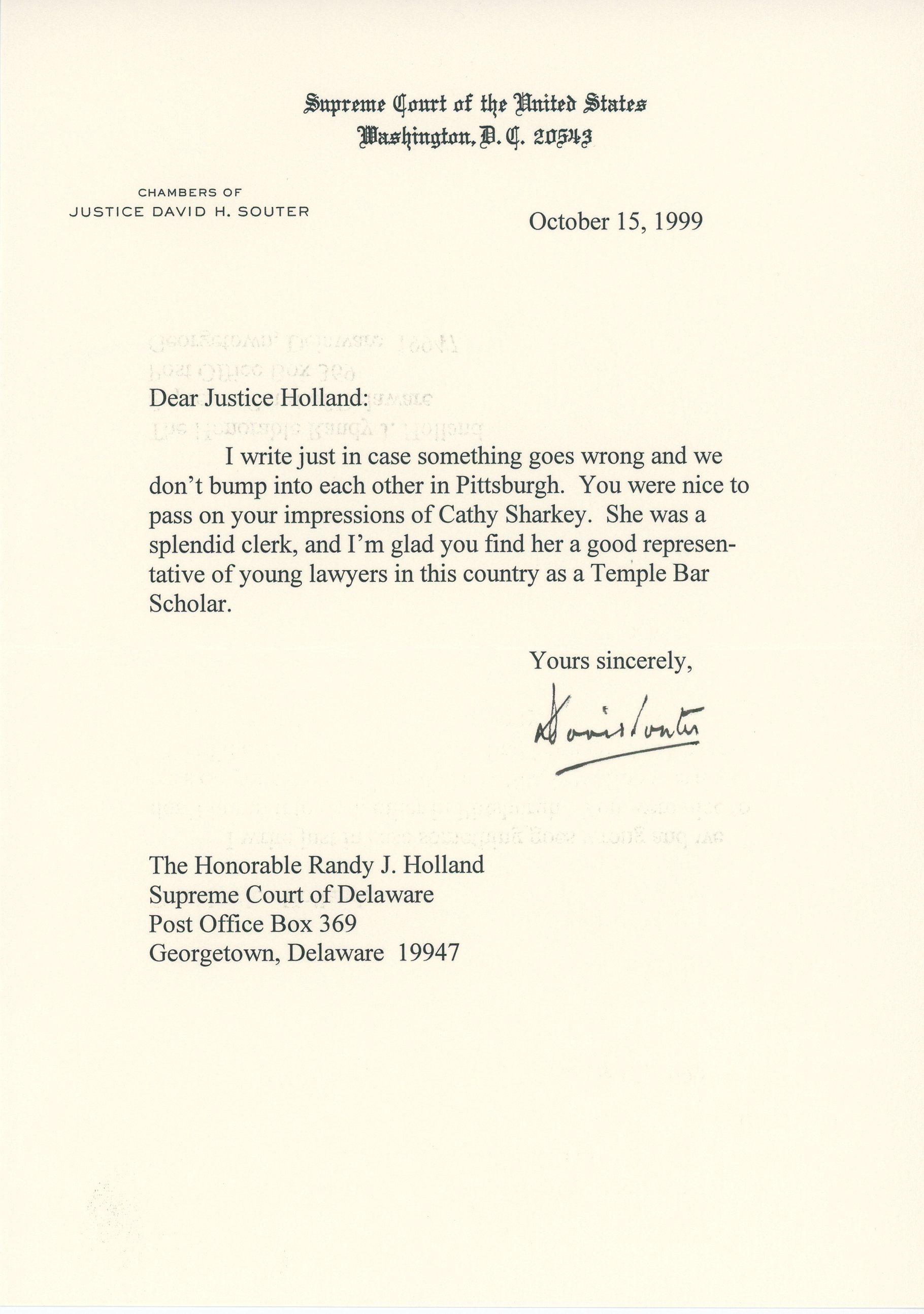 Justice David Souter letter to Randy Holland re Pittsburgh and Temple ...