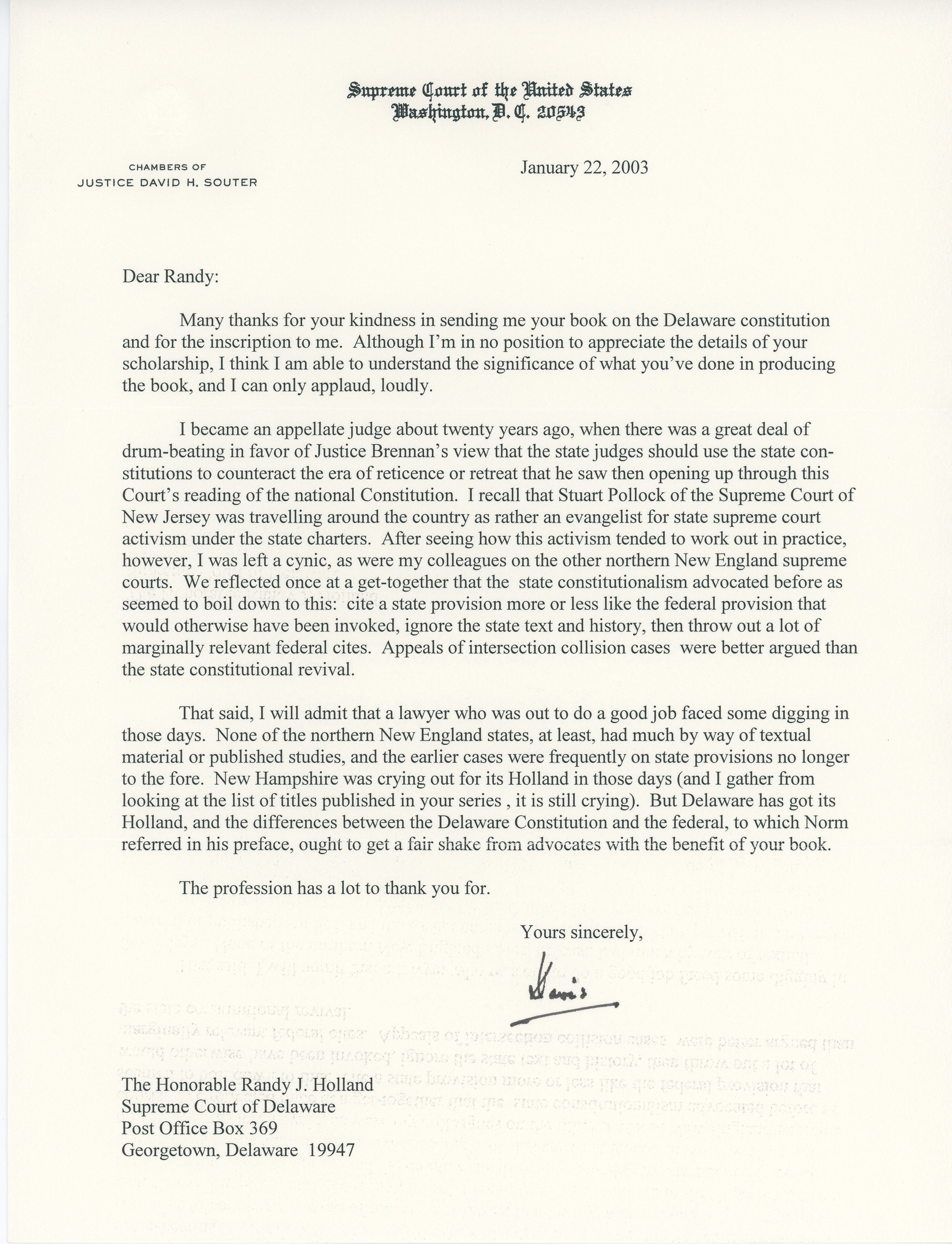 Justice David Souter letter to Randy Holland re Delaware Constitution ...