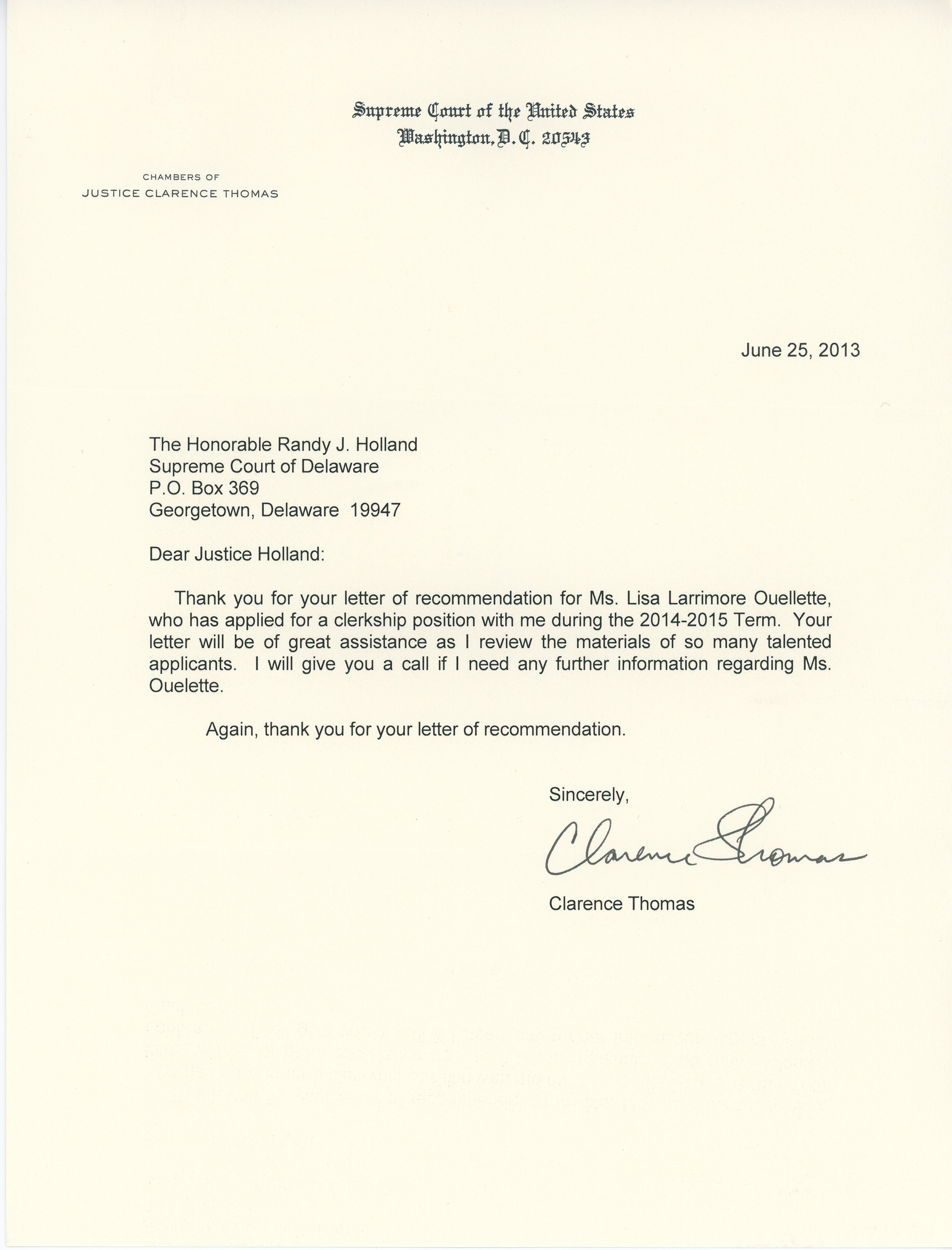 Justice Clarence Thomas letter to Randy Holland re Lisa Larrimore ...