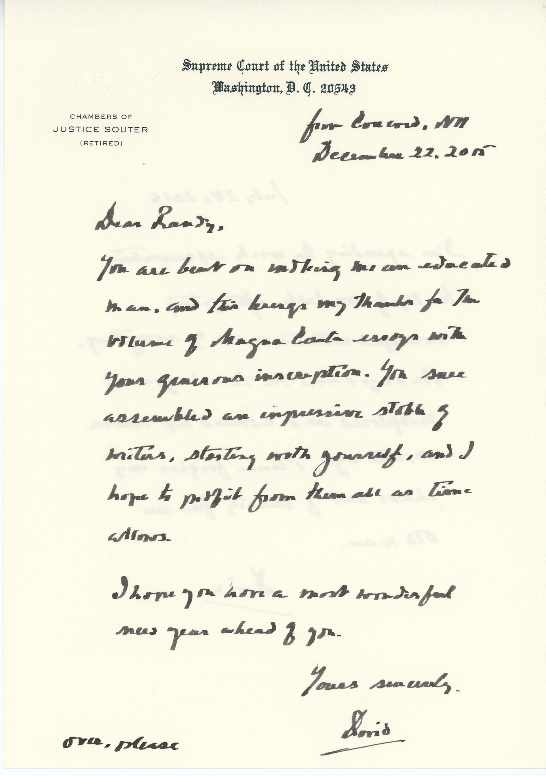 Retired Justice David Souter letter to Randy J. Holland re Magna Carta ...