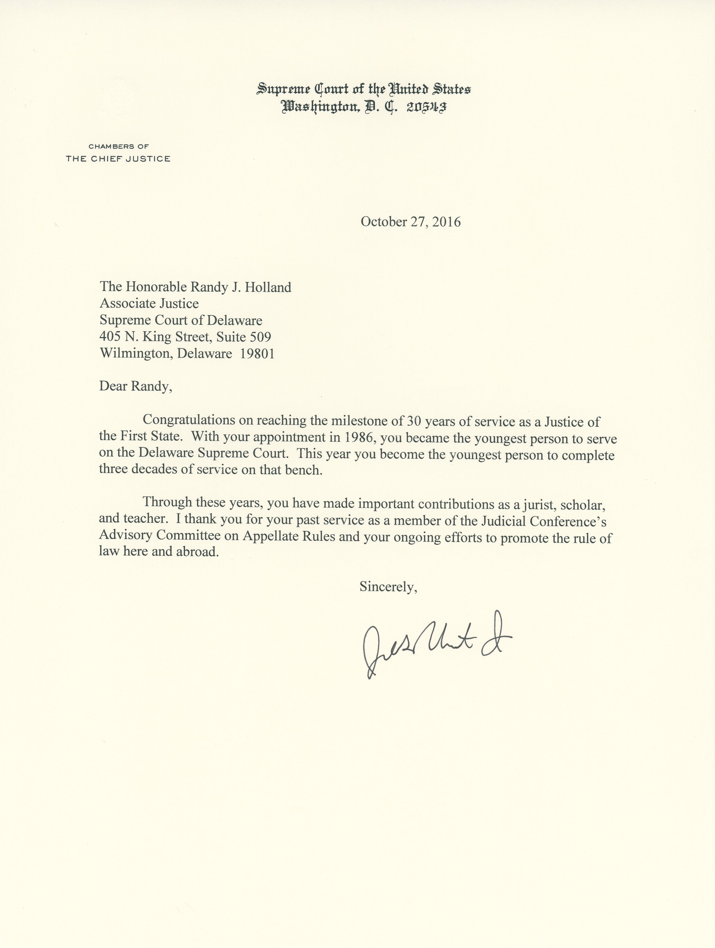 Letter from Chief Justice John Roberts to Randy J. Holland re 30 years ...