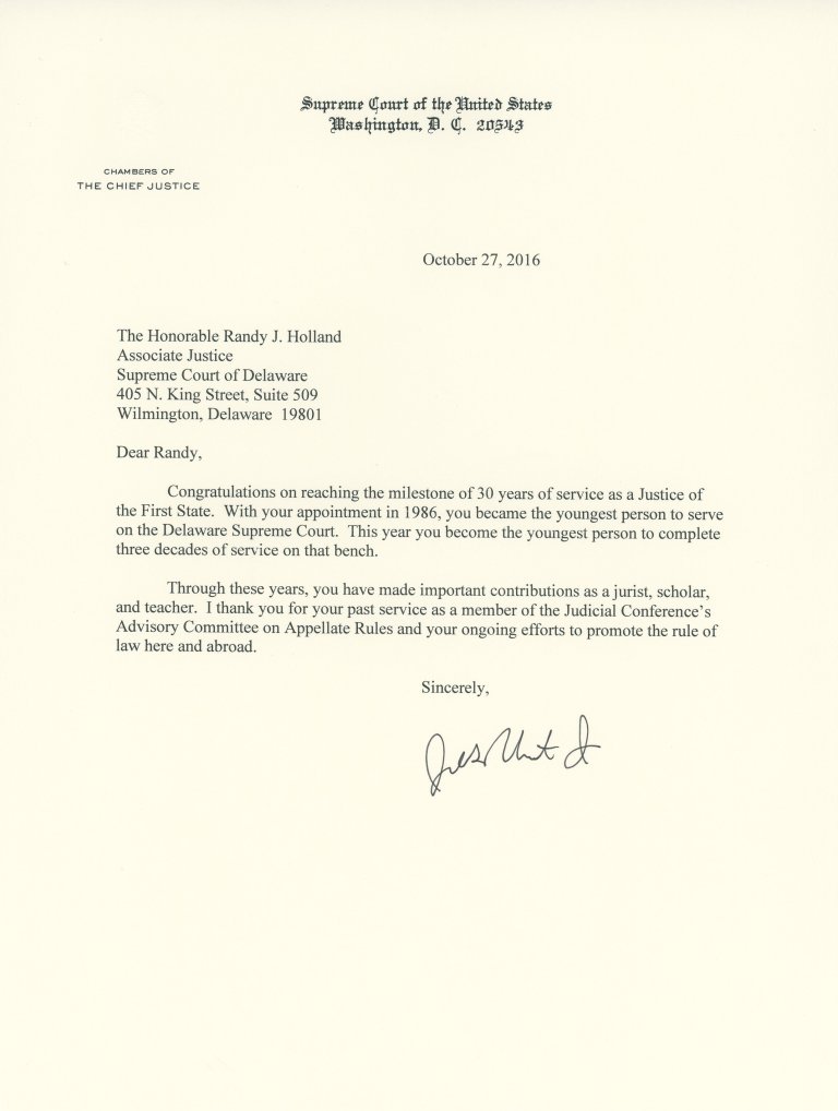 Letter from Chief Justice John Roberts to Randy J. Holland re 30 years ...