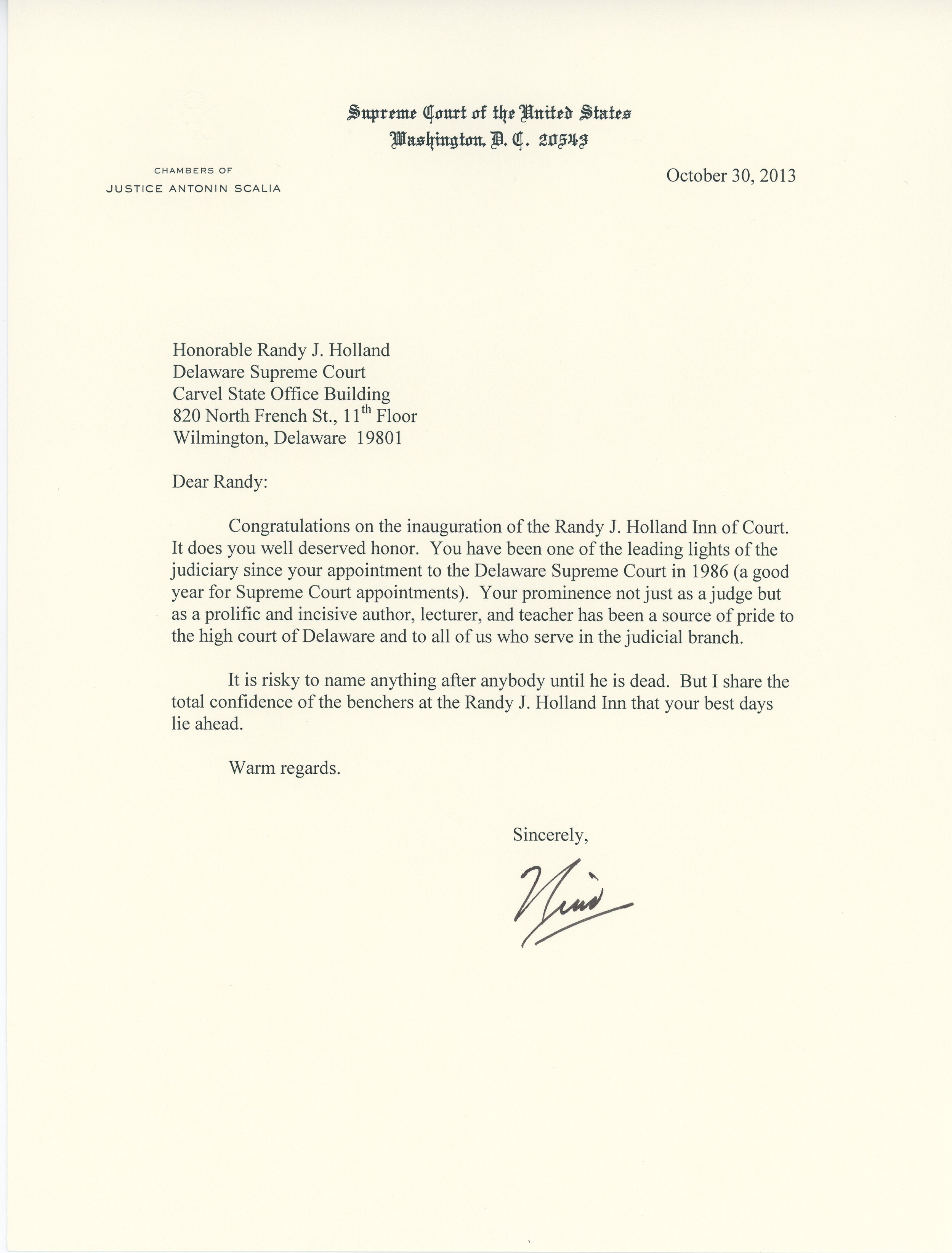 On This Day: October 30 – Justice Randy J. Holland Memorial