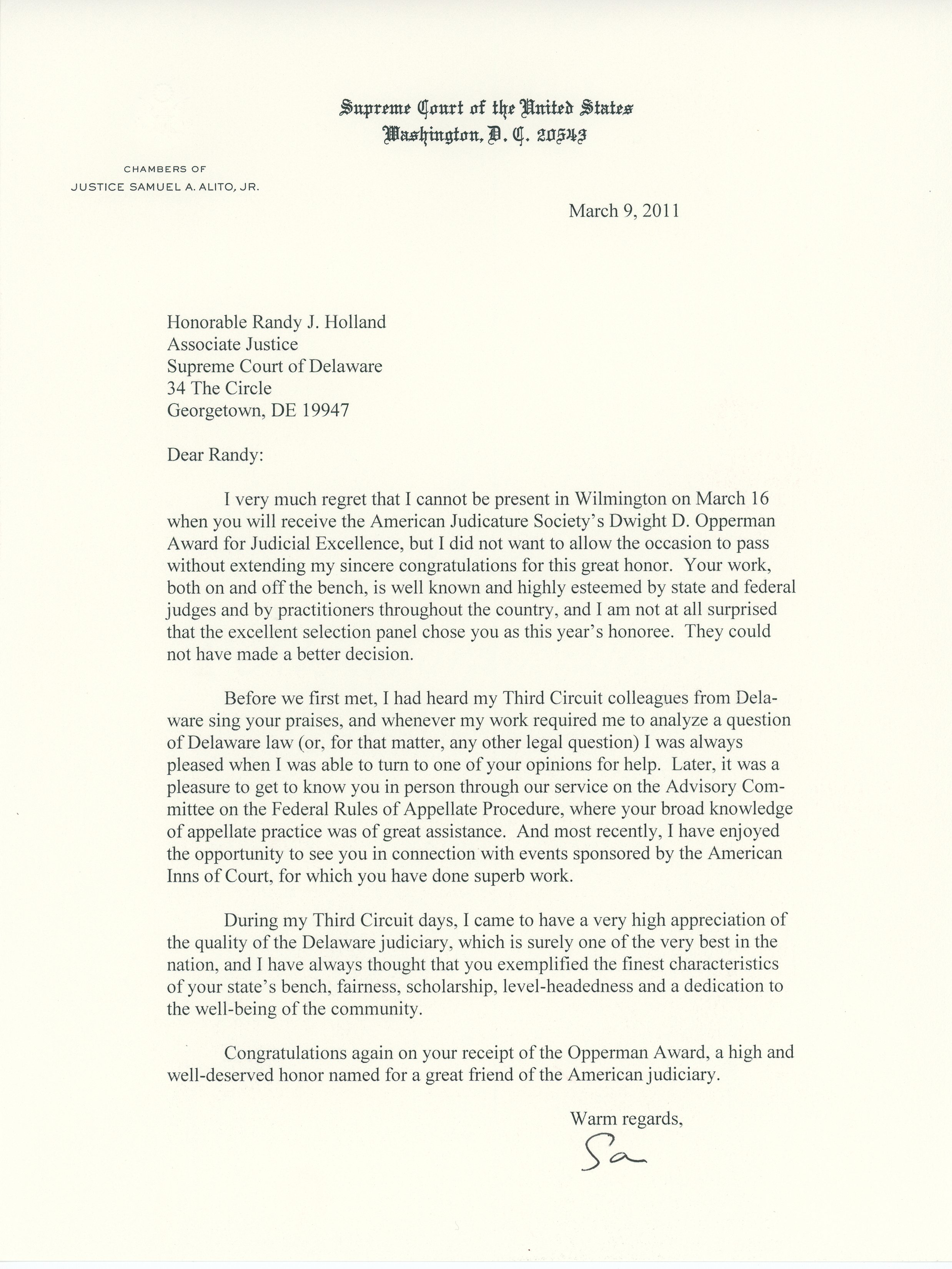 Letter from Justice Samuel Alito to Randy J. Holland: March 9, 2011 ...