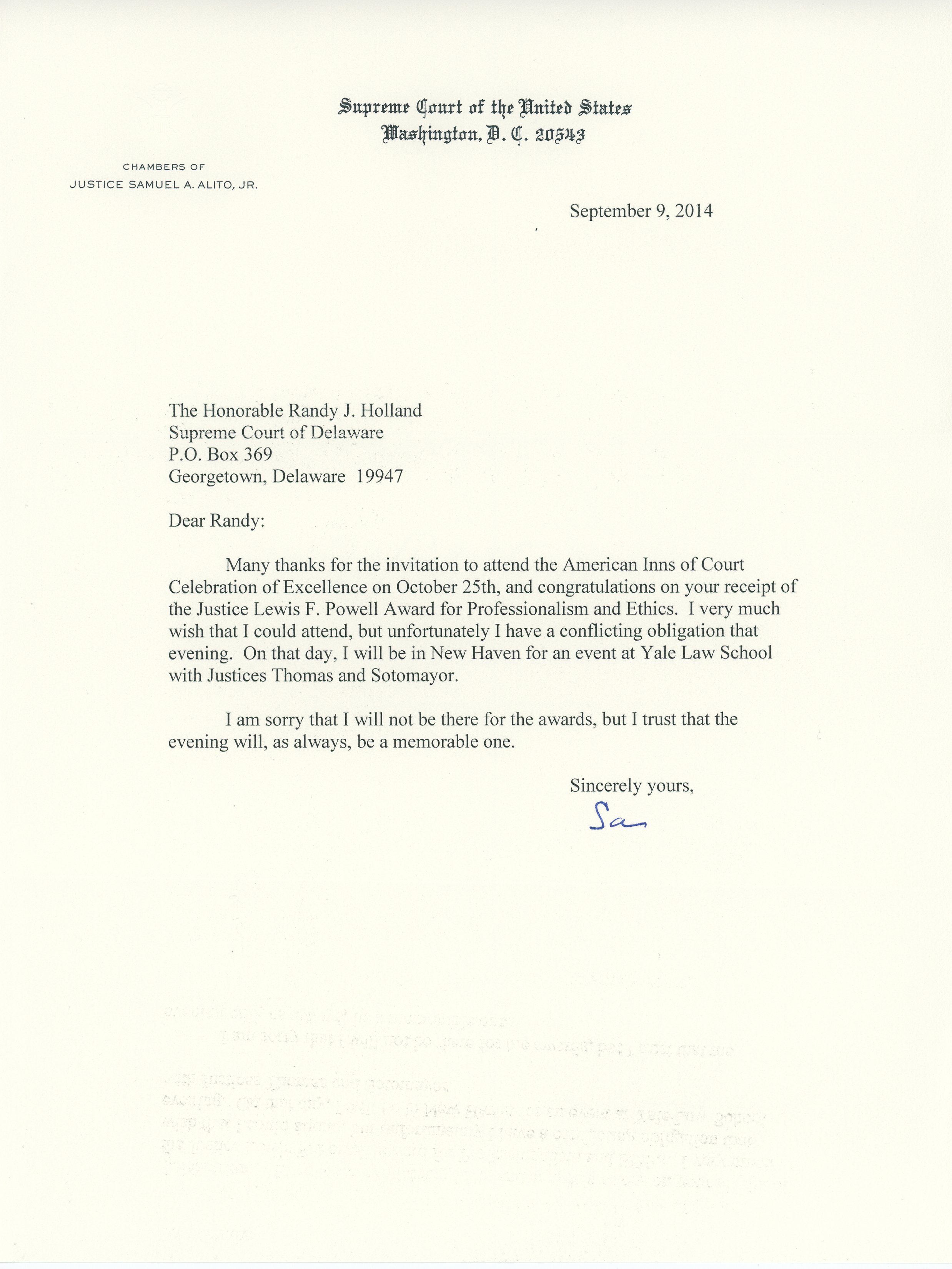 Letter from Justice Samuel Alito to Randy J. Holland: September 9, 2014 ...