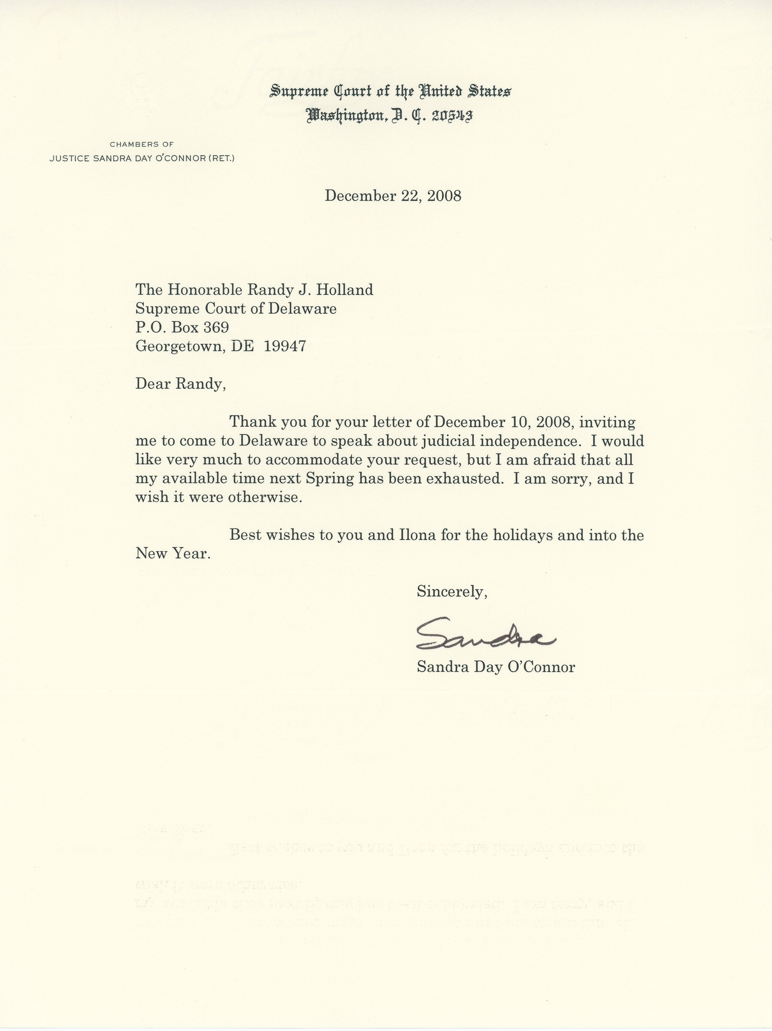 Letter from Justice Sandra Day O’Connor to Justice Randy J. Holland ...