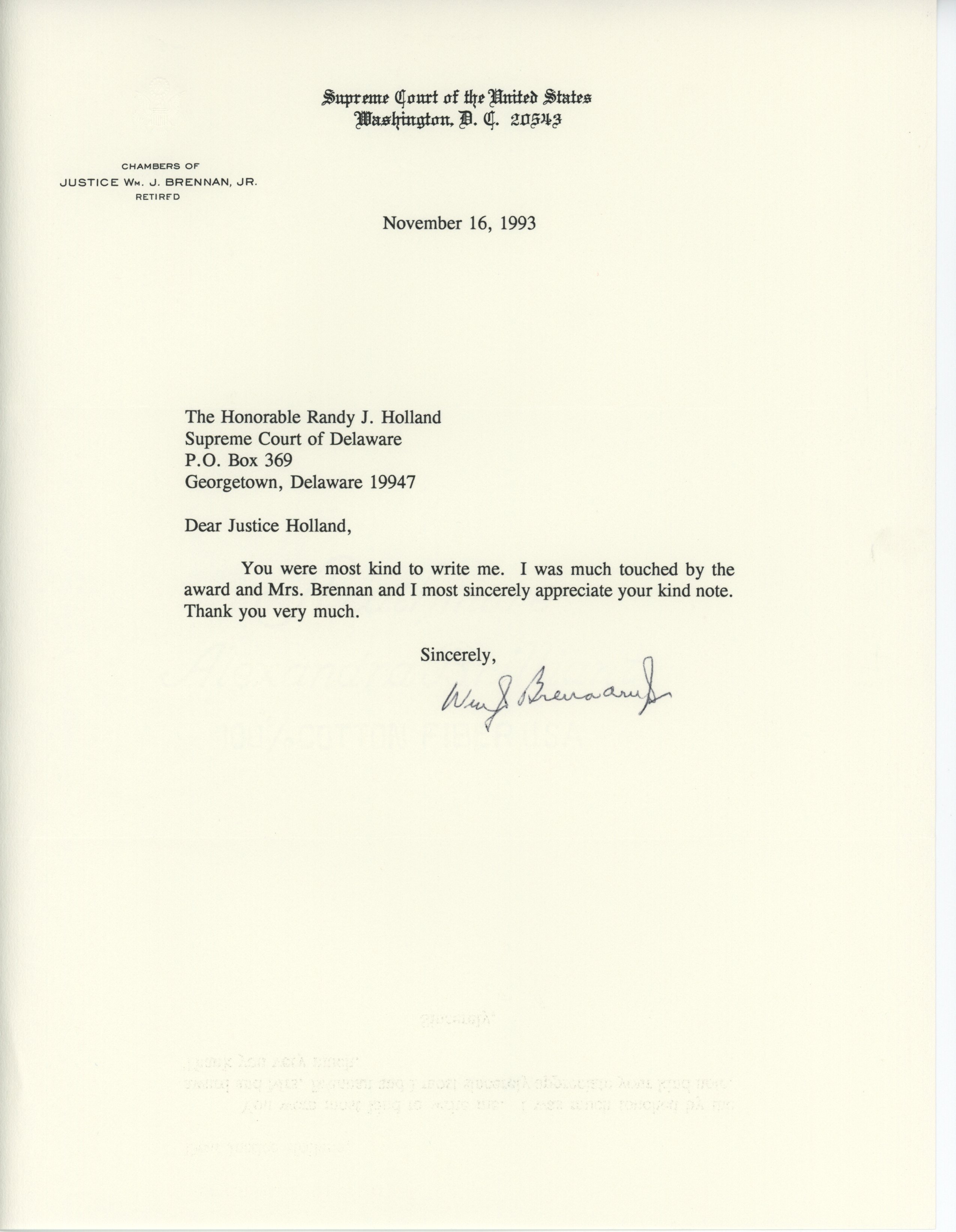 Letter from Justice William Brennan to Justice Randy J. Holland ...